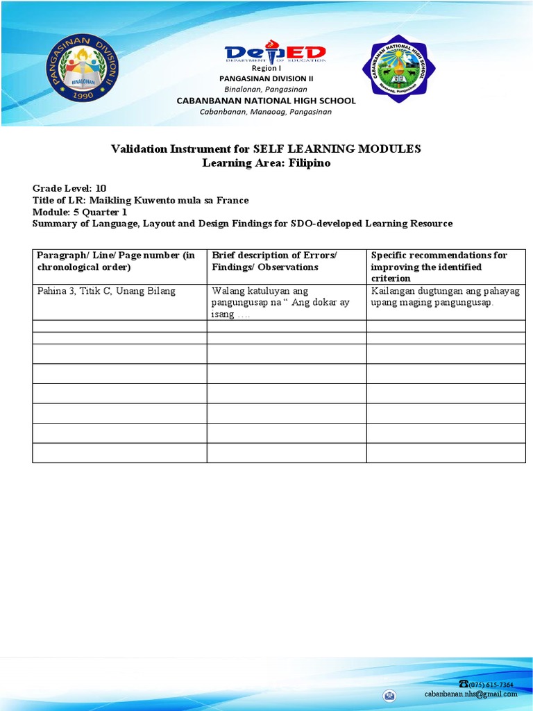 Validation Instrument For SELF LEARNING MODULES Learning Area: Filipino | PDF | Learning | Teachers