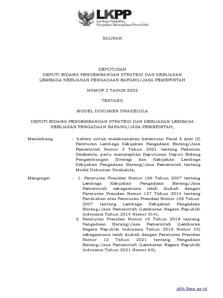 Keputusan Deputi I Nomor 2 Tahun 2022 TTG Model Dokumen Swakelola | PDF