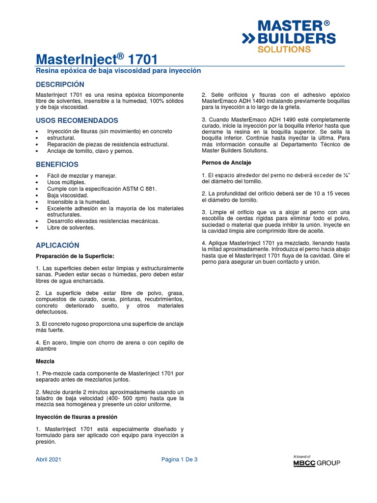 Masterinject 1701 | PDF | Tornillo | Hormigón