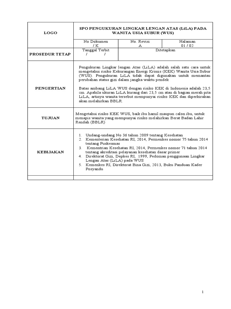 STANDAR PROSEDUR OPERASIONAL PENGUKURAN LINGKAR LENGAN ATAS (LiLA) | PDF