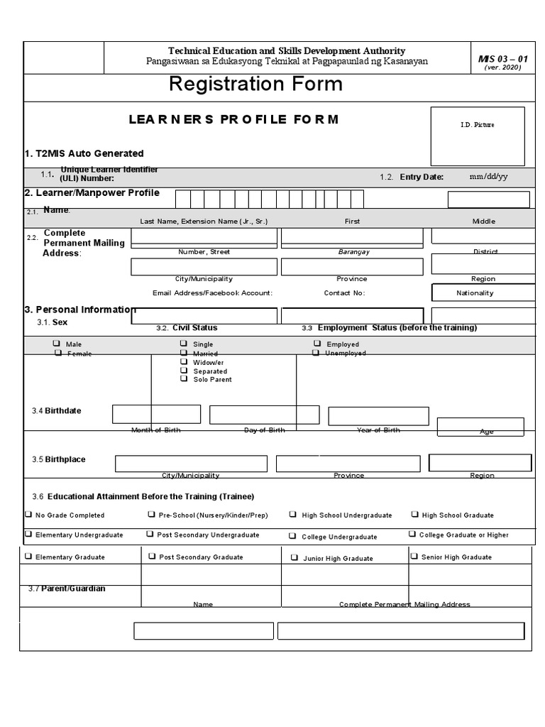 TESDA Registration Form | PDF | Disability | Educational Stages