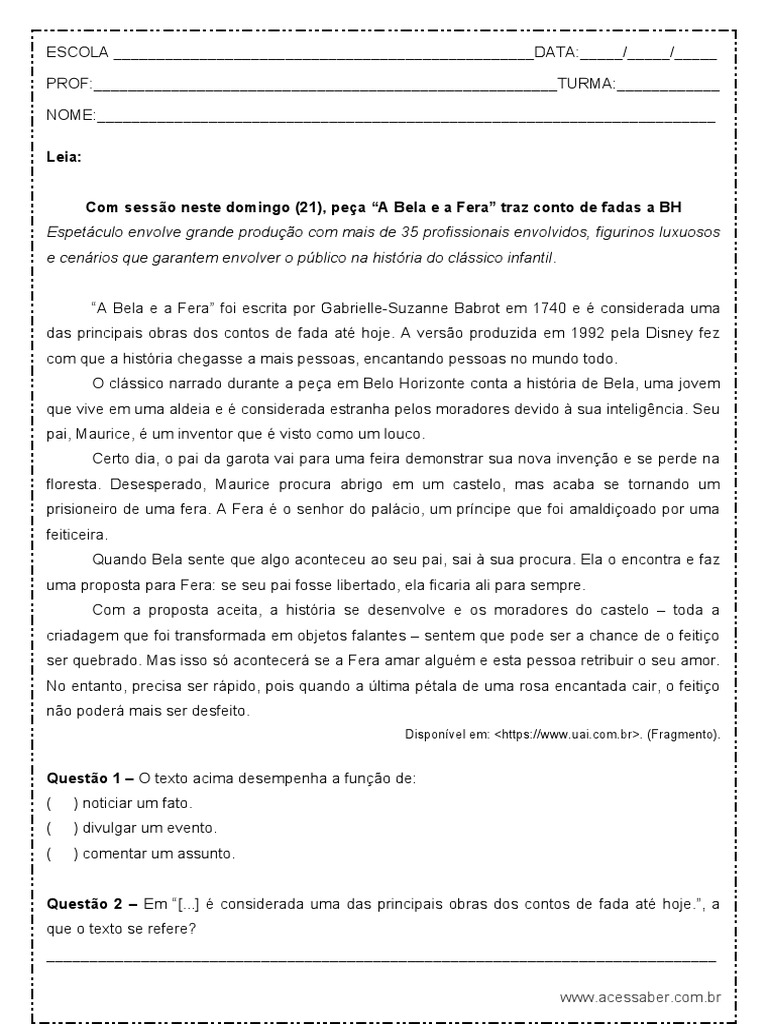 Interpretacao de Texto A Bela e A Fera 7º Ano Word | PDF