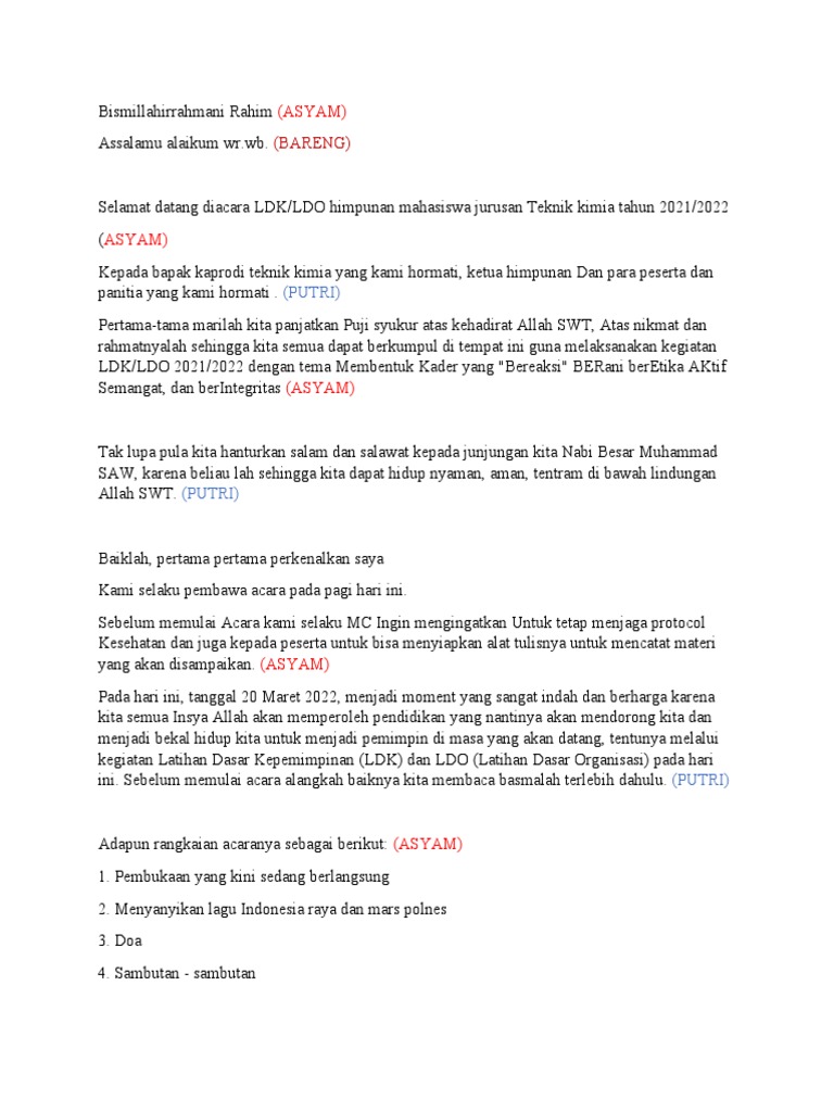 Teks MC Acara LDK 2021/2022 | PDF | Kajian Bahasa Asing