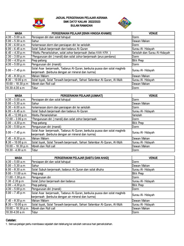 Jadual Pergerakan Pelajar Asrama | PDF