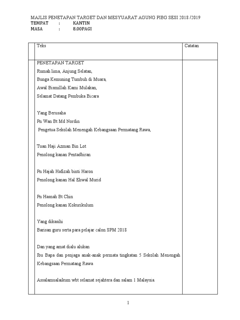 Teks MC Penetapan Target Dan Mesyuarat Pibg | PDF