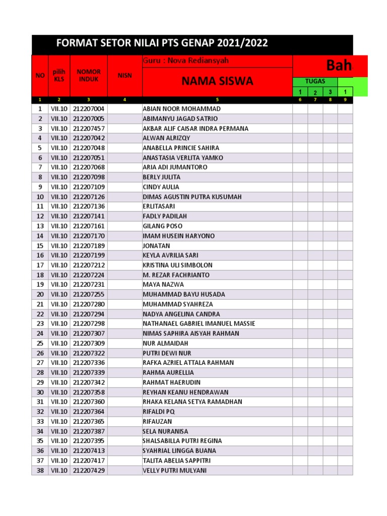 Format Setor Nilai PTS Genap 2021/2022 | PDF