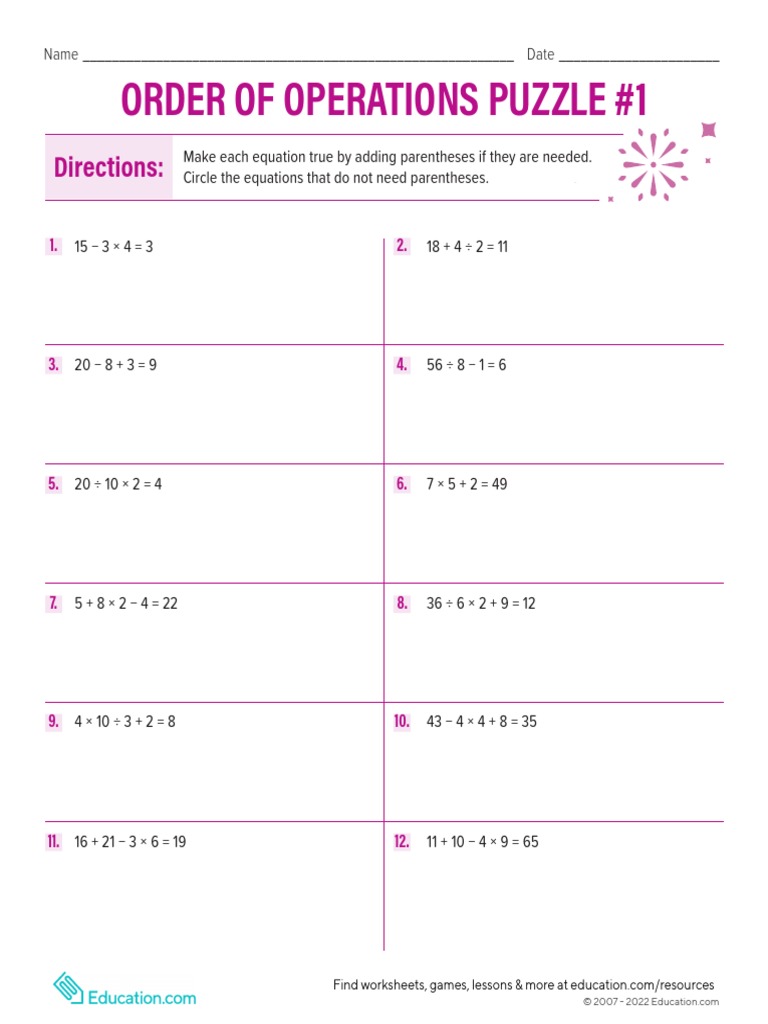 Order of Operations Puzzle #1: Directions | PDF