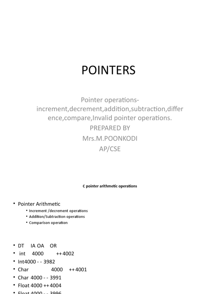 Pointers Arithmetic Operations Pdf Pointer Computer Programming Integer Computer Science