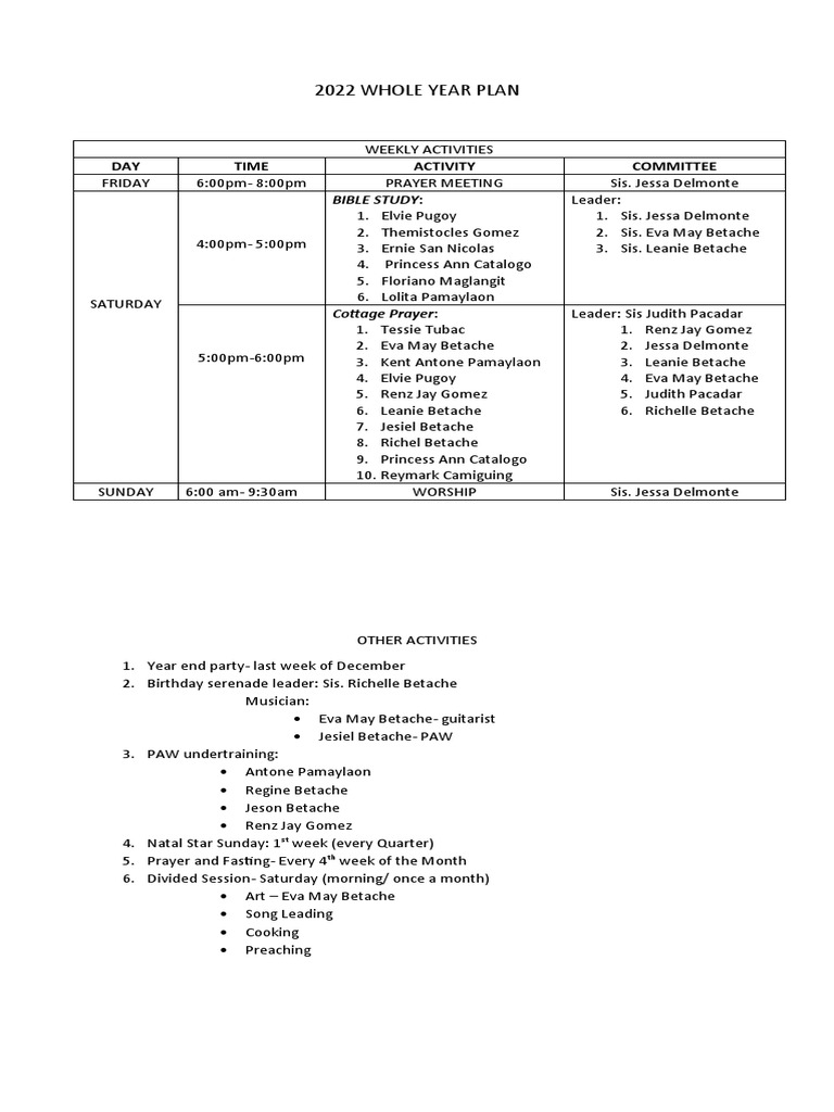 2022 Whole Year Plan: DAY Time Activity Committee | PDF