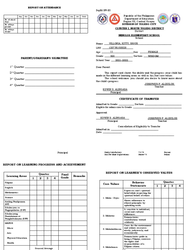 Report Card SF 9 ES k12 Grade 4 6 Modular | PDF | Psychological ...