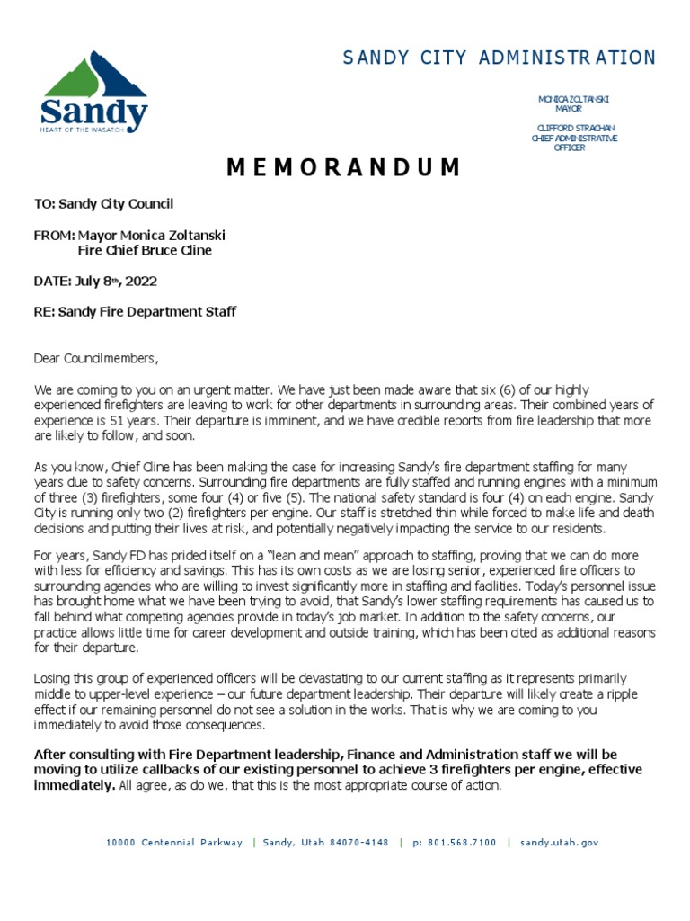 Sandy Fire Staffing Memo | PDF | Firefighter | Business