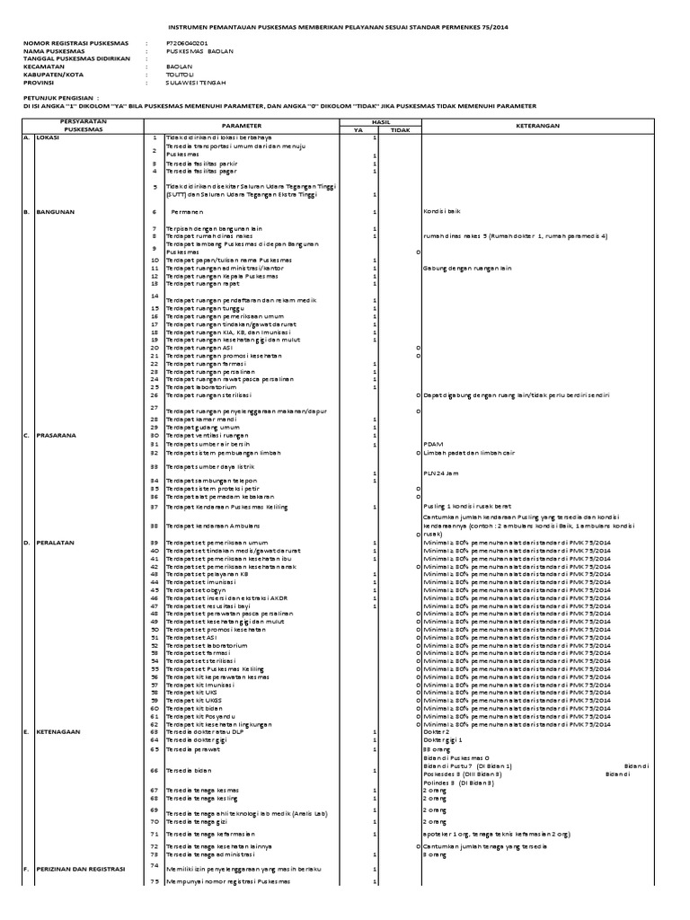Instrumen Pemantauan Puskesmas Baolan | PDF