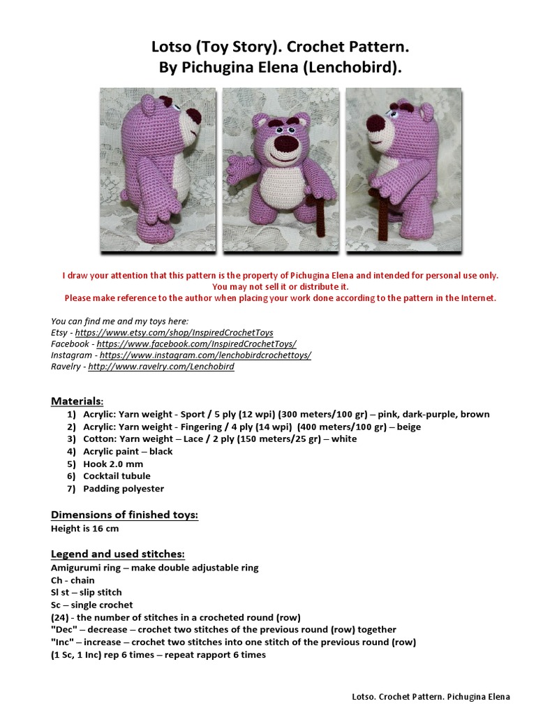 Lotso (Toy Story) - Crochet Pattern. by Pichugina Elena (Lenchobird ...