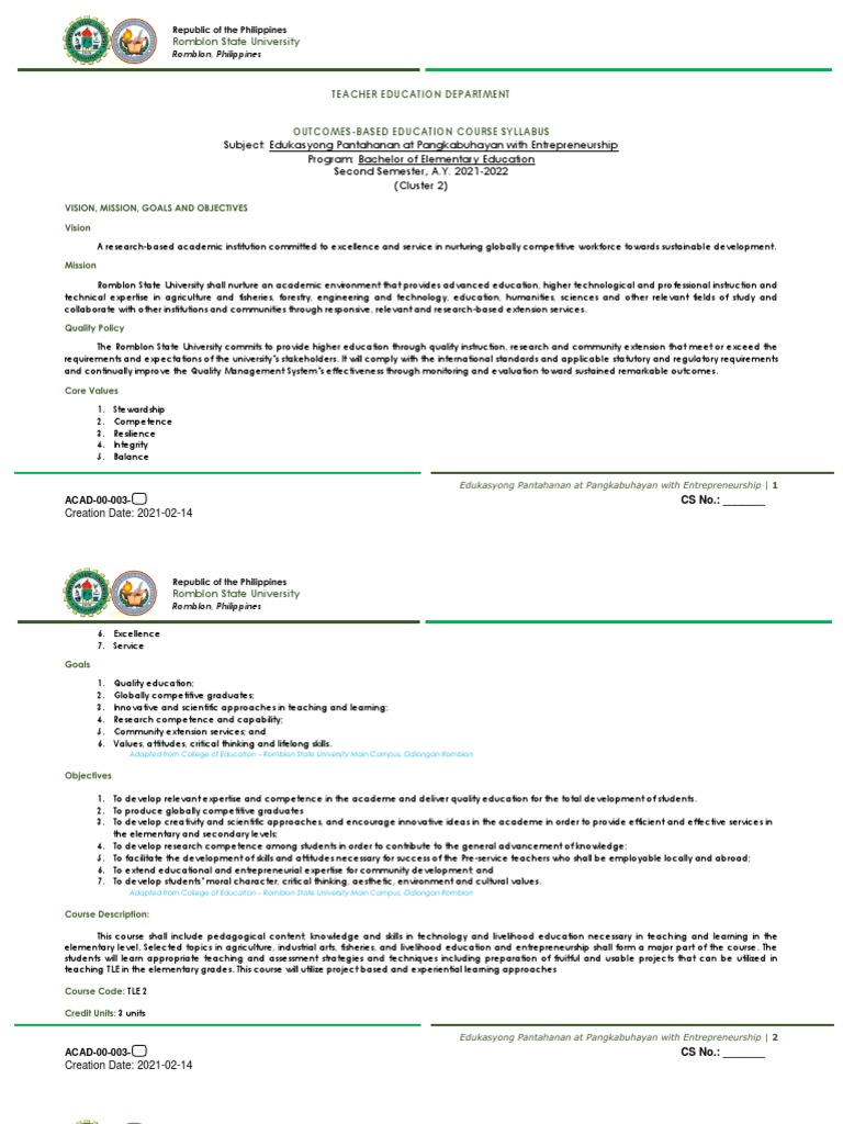 Edukasyong Pantahanan at Pangkabuhayan With Entrep. Course Syllabus | PDF | Teaching Method ...