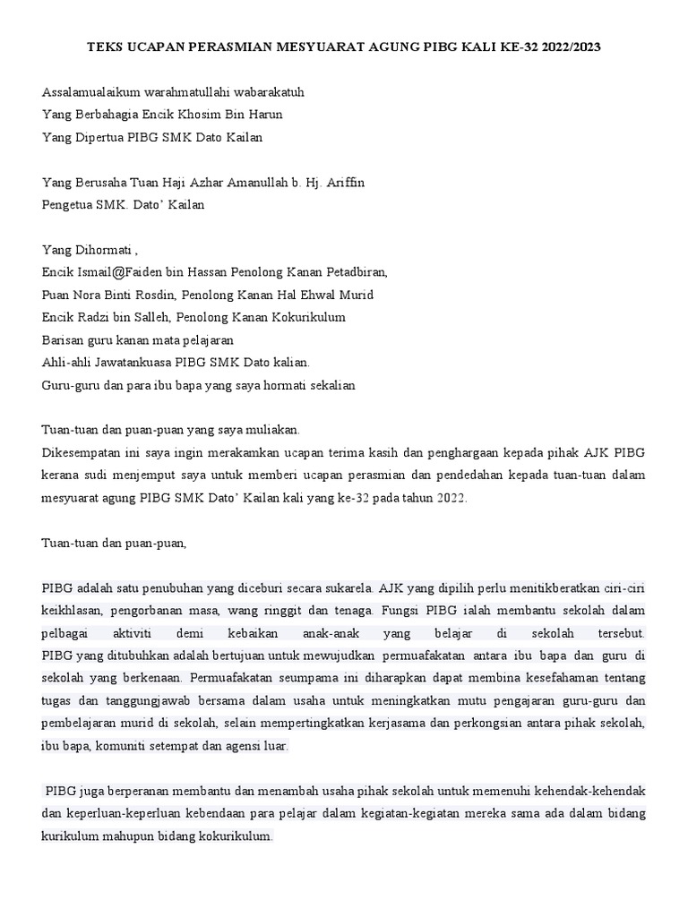 Teks Ucapan Perasmi Mesyuarat Agung PIBG 2022 | PDF