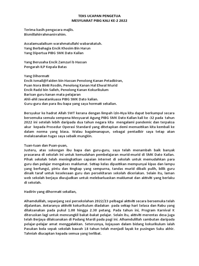 Teks Ucapan Pengetua Mesyuarat PIBG 2022 | PDF