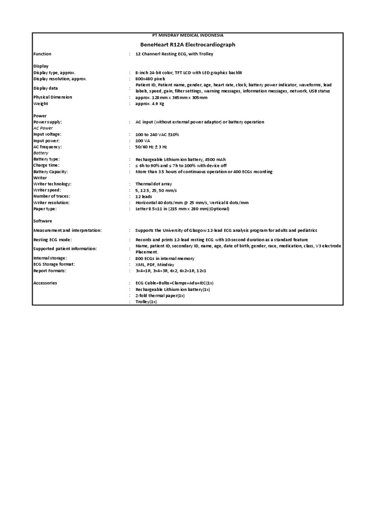 Spesifikasi ECG BeneHeart R12A | PDF | Electrocardiography | Display Resolution