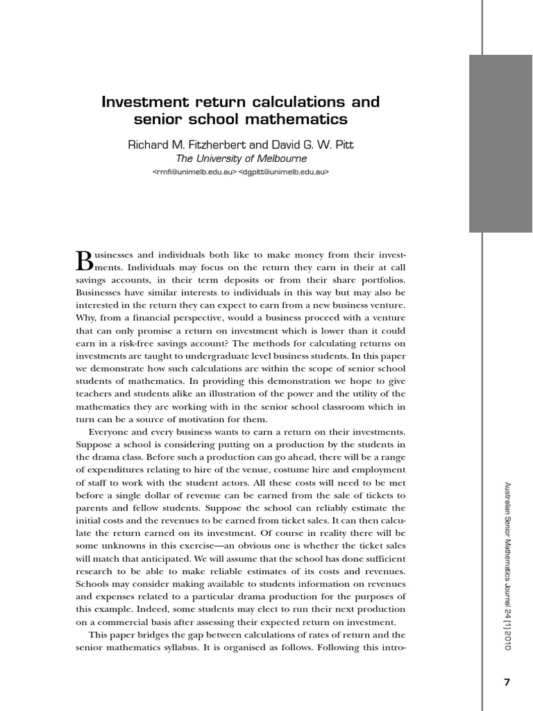 Investment Return Calculations and Senior School Mathematics | PDF ...