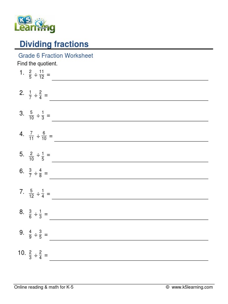 Dividing Fractions: Grade 6 Fraction Worksheet | PDF