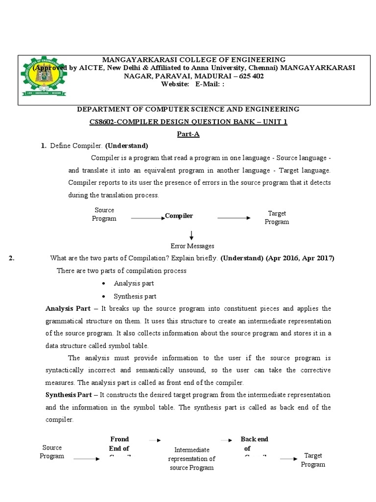 Compiler Design Question Bank-UNIT 1 | PDF | Compiler | Programming