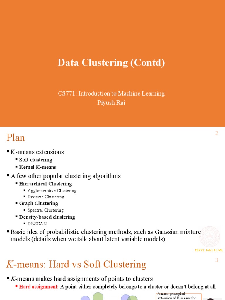 Data Clustering (Contd) : CS771: Introduction To Machine Learning Piyush Rai | PDF | Cluster ...