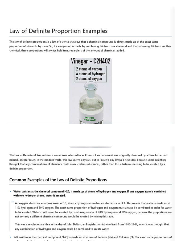 Law of Definite Proportion Examples | PDF | Chemical Substances ...