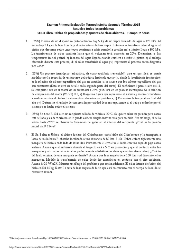 Examen Primera Evaluaci N Termodin Mica I | PDF | Gases | Calor