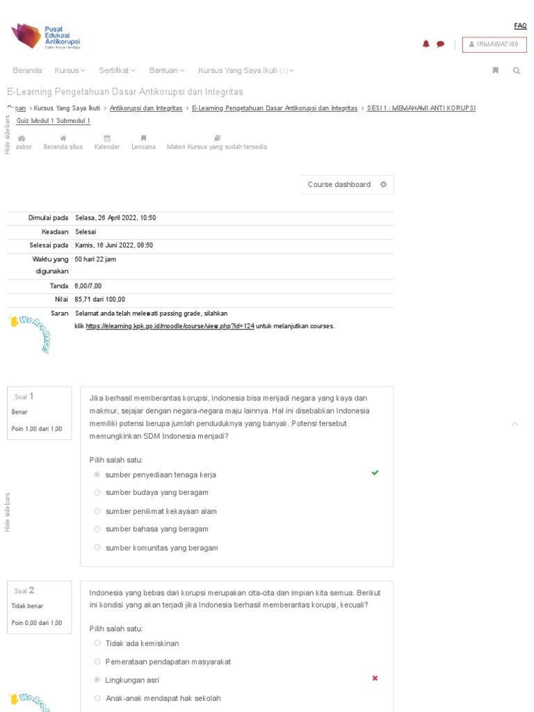Quiz Modul 1 Submodul 1 - Ulasan Hasil Pengerjaan Kuis - Irma | PDF