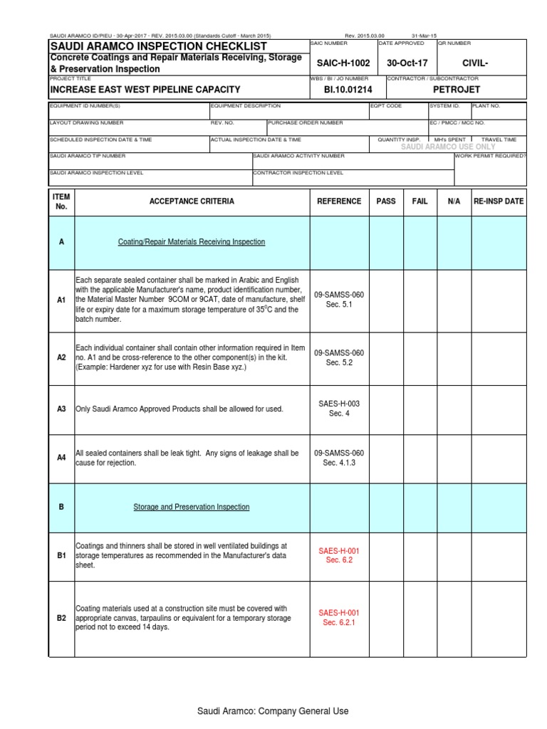 Saudi Aramco Inspection Checklist | PDF