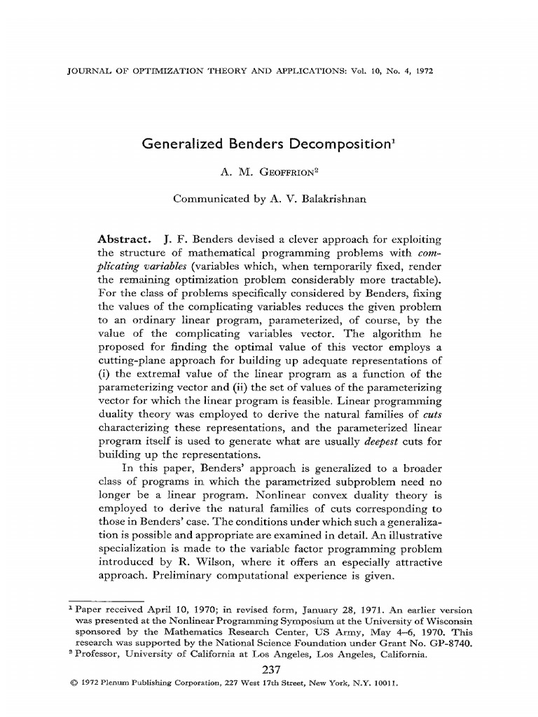 Geoffrion Generalized Benders Decomposition Pdf Linear Programming Mathematical Optimization 