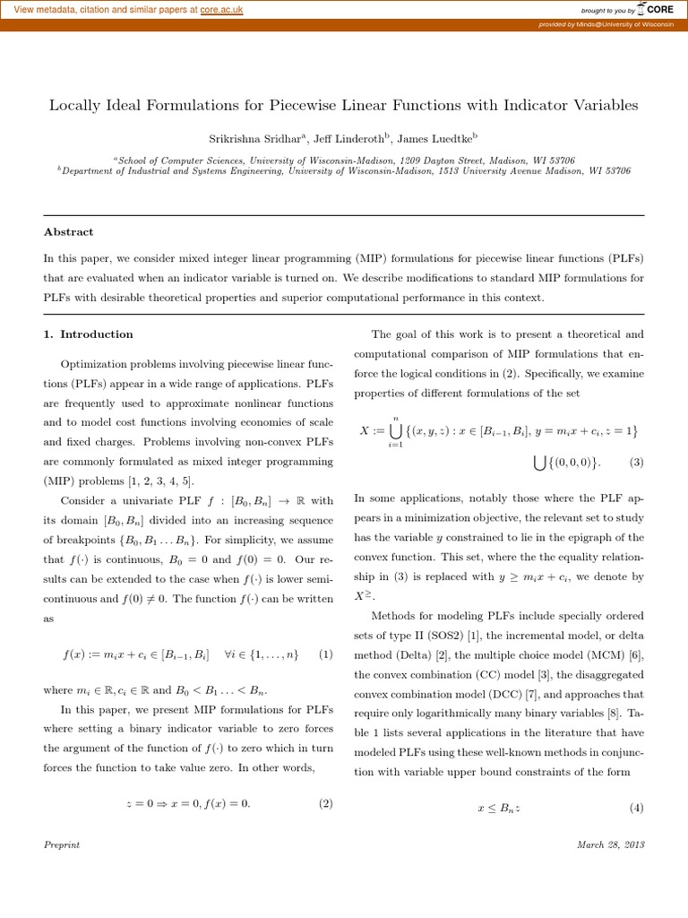 (Srikrishna) Locally Ideal Formulations For Piecewise Linear Functions With Indicator Variables ...