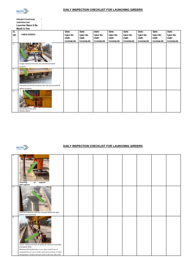 Daily Launching Girder Inspection Checklist | PDF | Rope | Manufactured ...