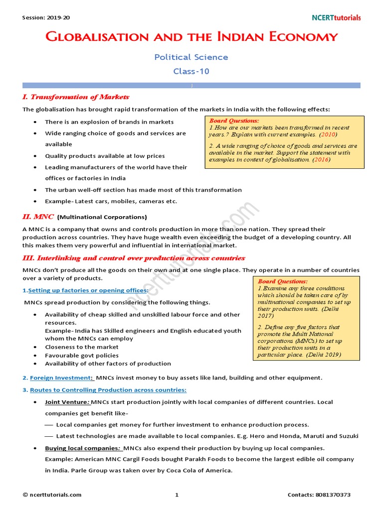 Globalisation and The Indian Economy: Political Science Class-10 | PDF ...