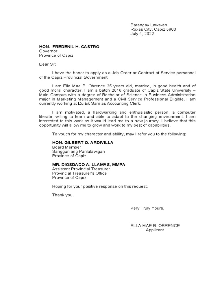 A Letter of Application for the Position of Job Order or Contract of ...