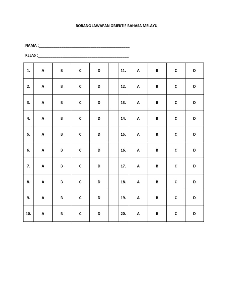 Borang Jawapan Objektif Bahasa Melayu | PDF