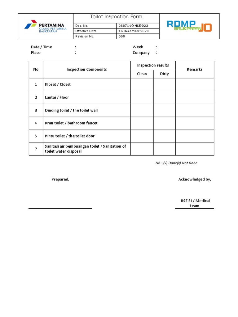 Toilet Inspection Checklist Form | PDF
