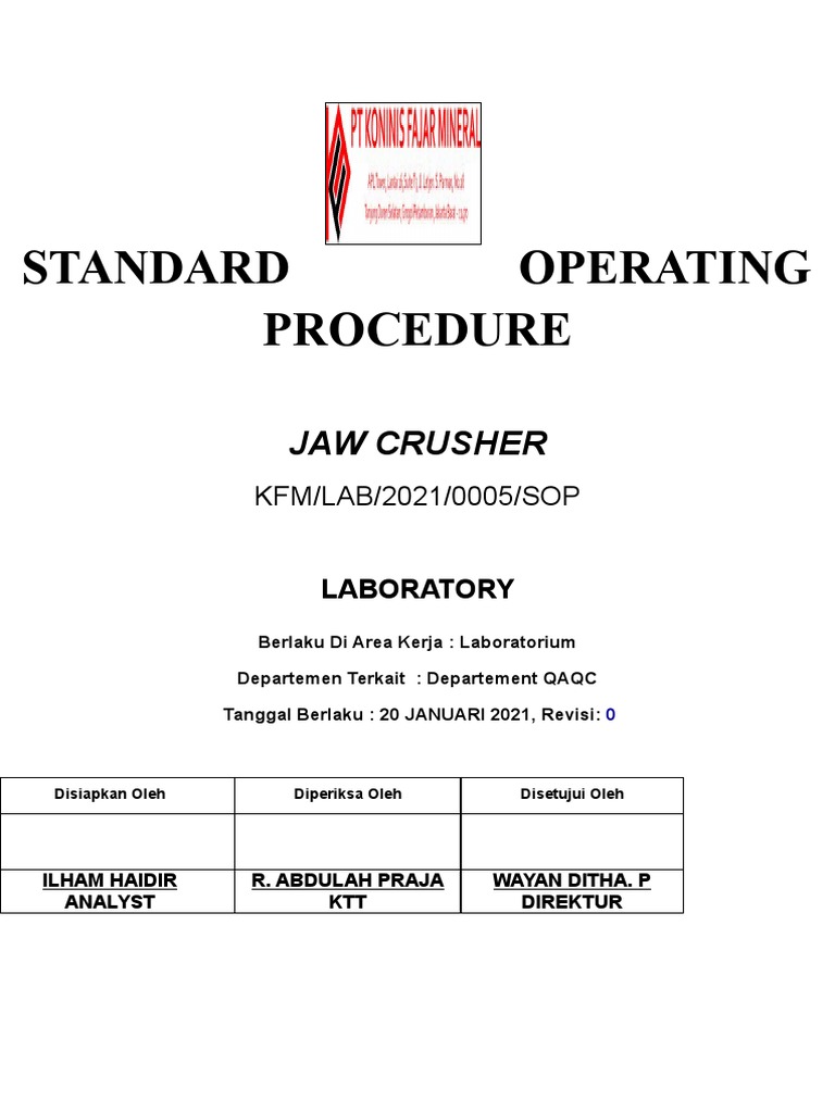 KFM 2021 SOP 005 Jaw Crusher | PDF