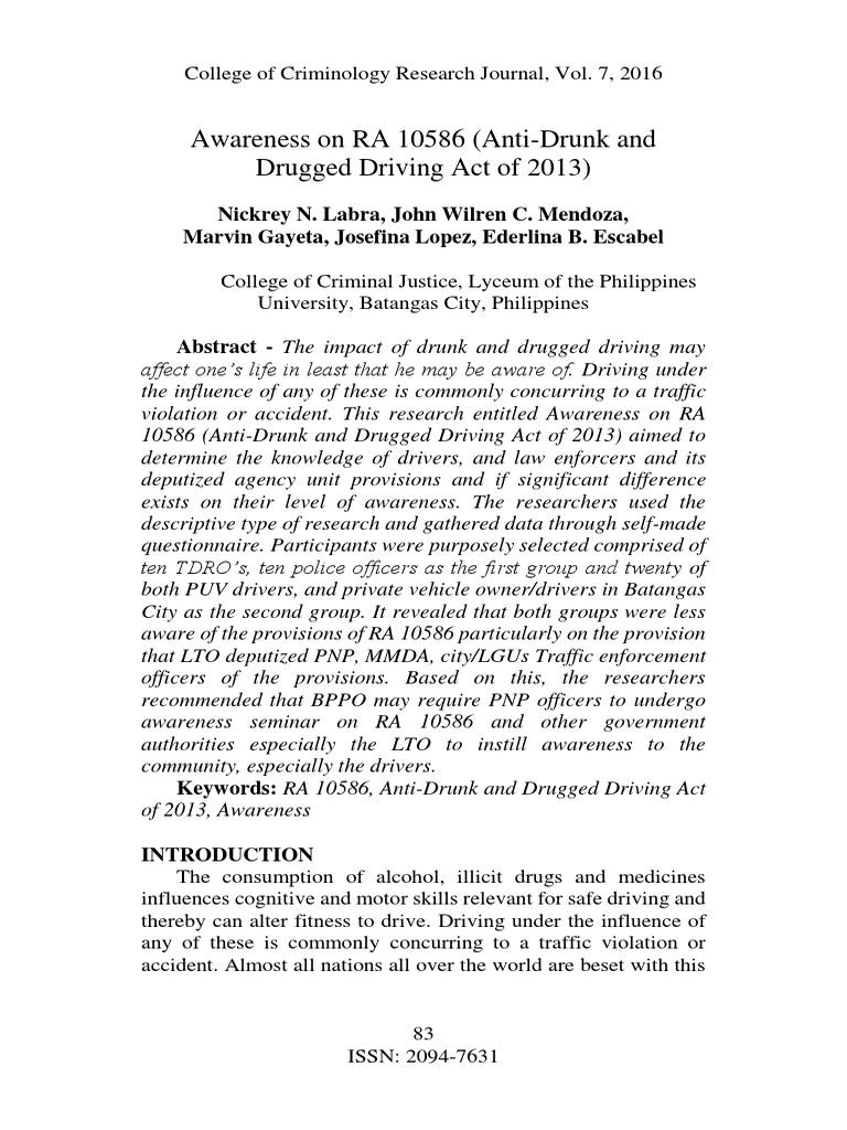 Awareness On RA 10586 (Anti-Drunk and Drugged Driving Act of 2013 ...