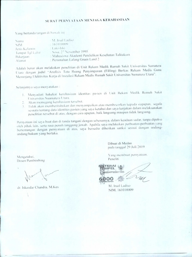 Surat Pernyataan Menjaga Kerahasiaan | PDF