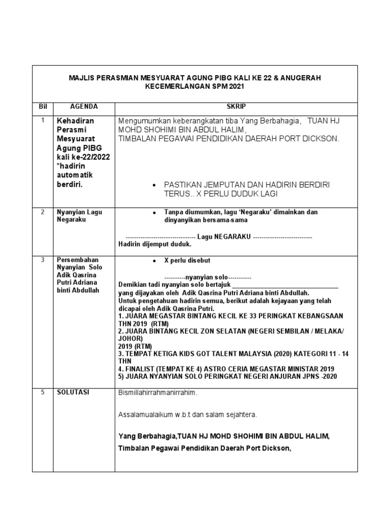 Teks Emcee Mesyuarat Pibg 2022 | PDF