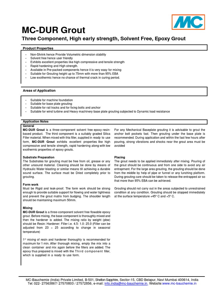 MC-DUR Grout: Three Component, High Early Strength, Solvent Free, Epoxy ...