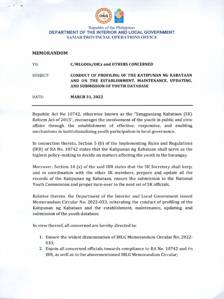 Provincial Memorandum On KK Profiling | PDF