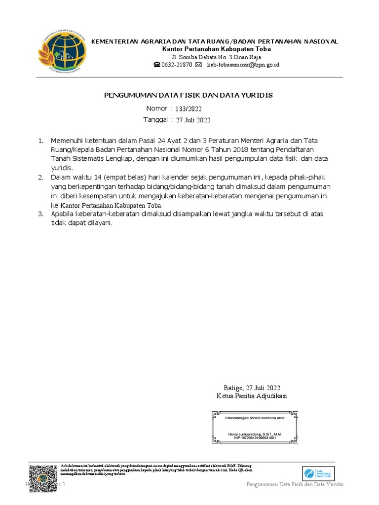Pengumuman Data Fisik Dan Data Yuridis | PDF