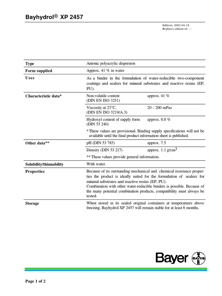 Bayhydrol XP 2457: Type Form Supplied Uses | PDF | Chemistry | Materials