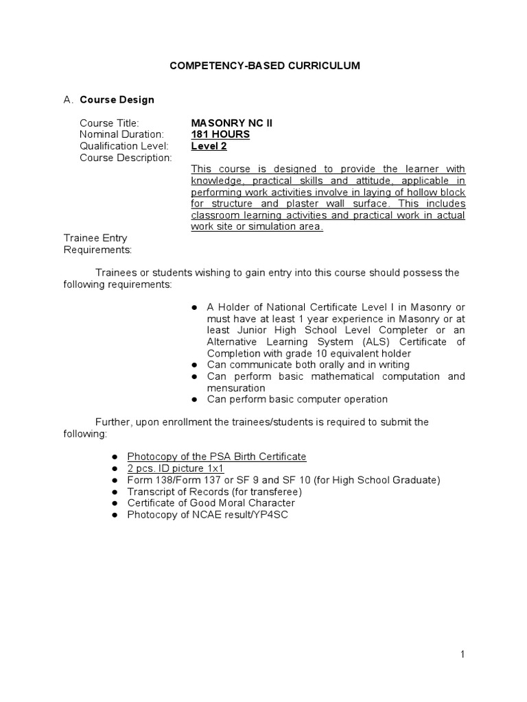 Masonry NC II CBC | PDF | Educational Technology | Learning