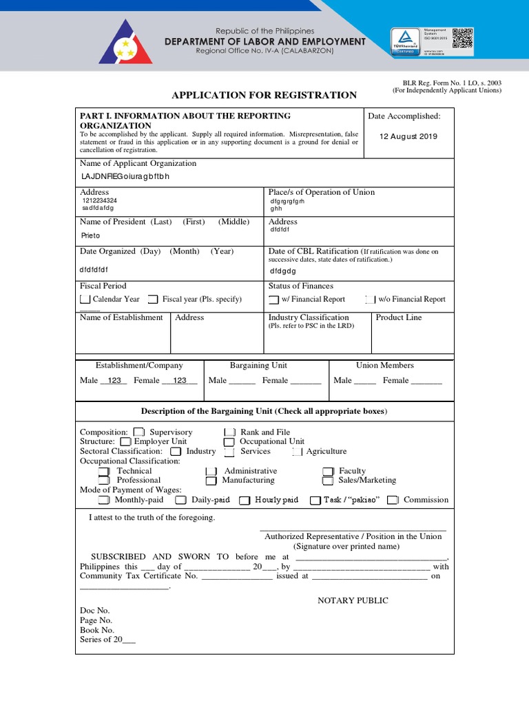 Application Form For Independent Union | PDF | Ratification | Notary Public