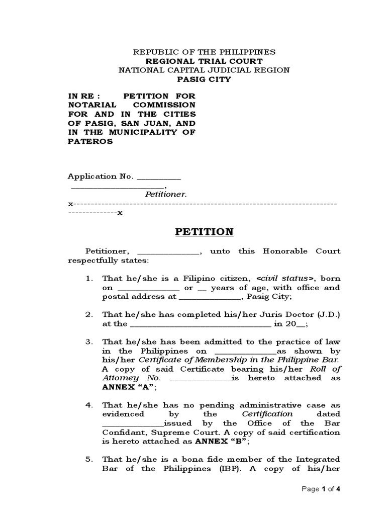 Sample Template Petition-for-Notarial-Commission and Formal Offer of Exhibits (RSM) | PDF ...