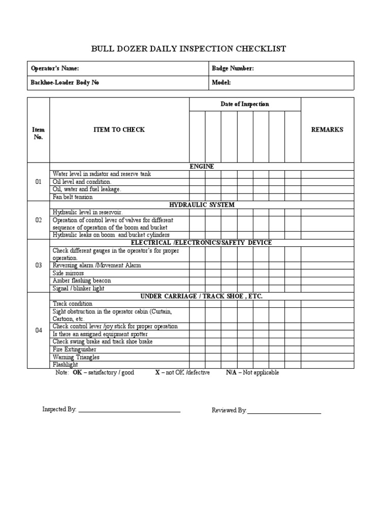 Bull Dozer Daily Inspection Checklist | PDF