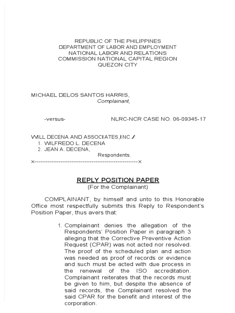 PDF Reply Position Paper For Complainant | Download Free PDF ...