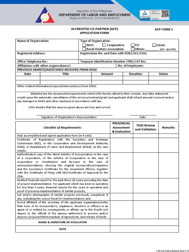 FM-EW-038 - ACP Application Form | PDF | Unemployment Benefits | Employment
